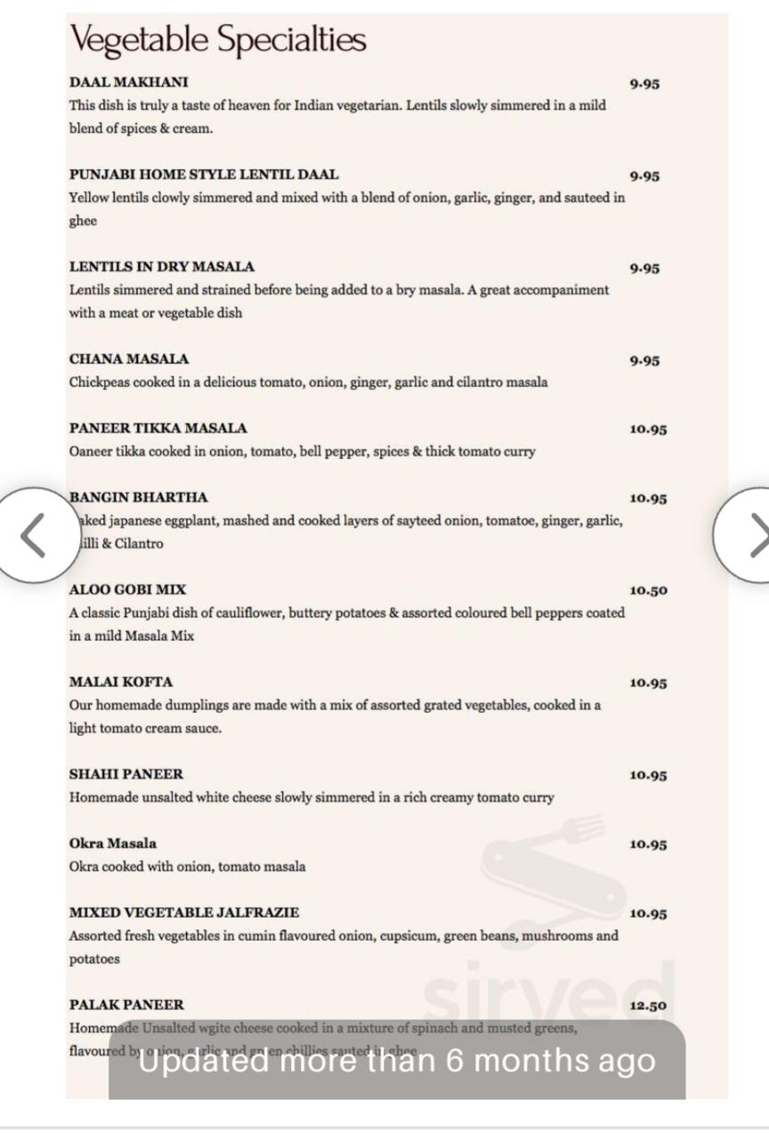 Menu at Sakoon Indian Cuisine restaurant, Hope, 272 Wallace St