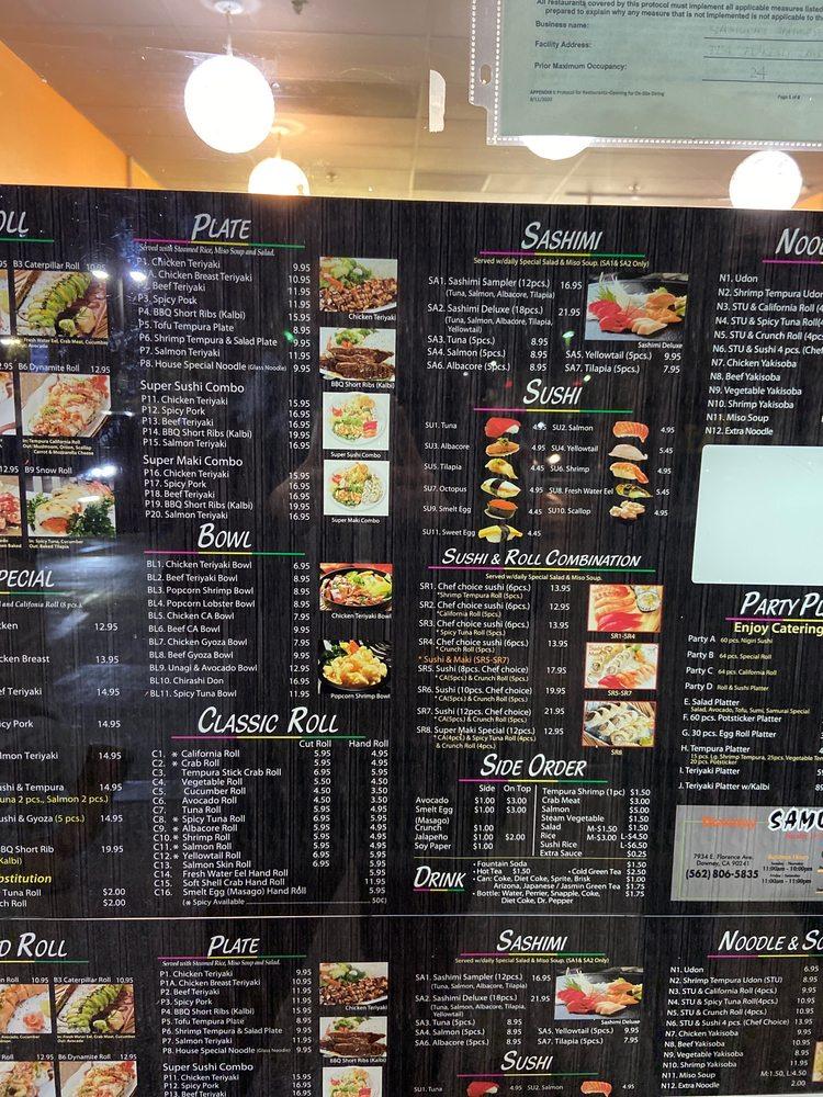 Menu at Samurai Sushi restaurant, Downey