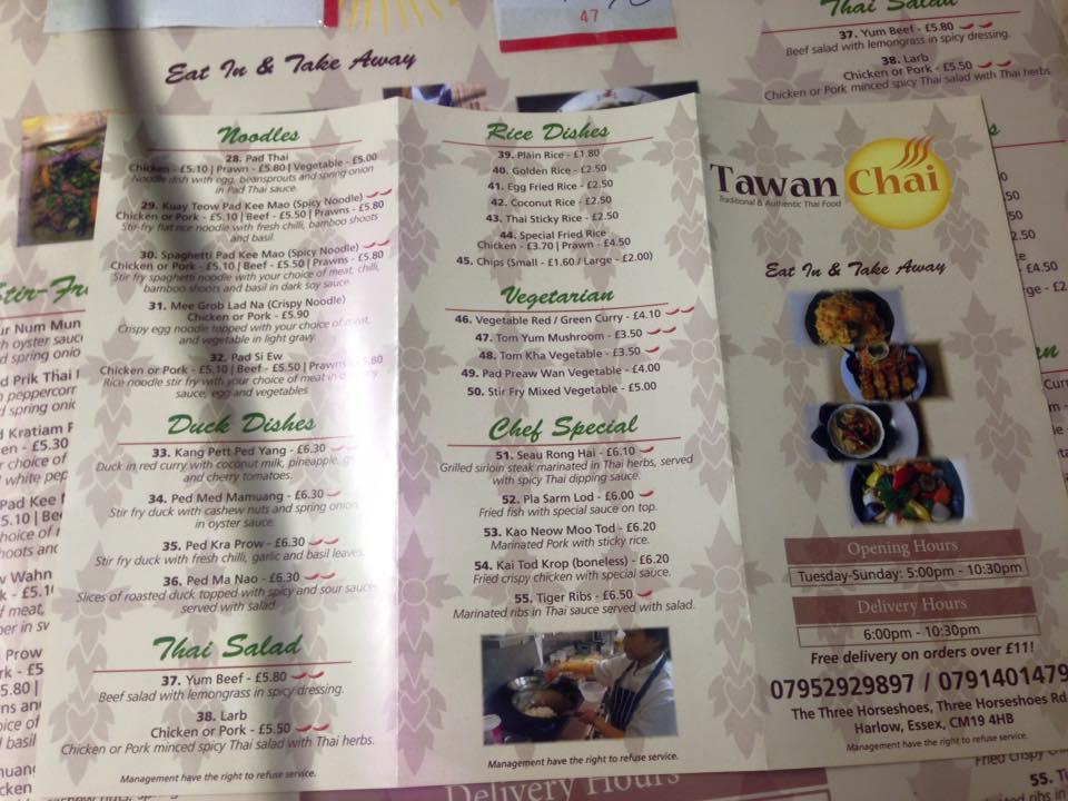 Menu at Tawan chai restaurant, Harlow, Three horseshoes road