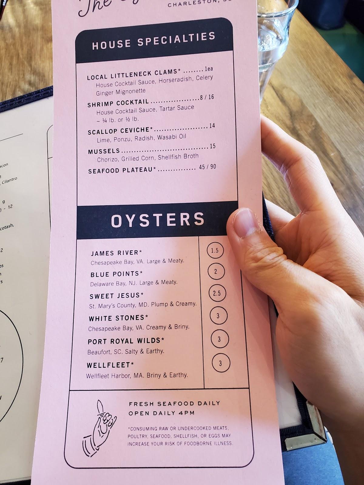 Menu at The Darling Oyster Bar, Charleston