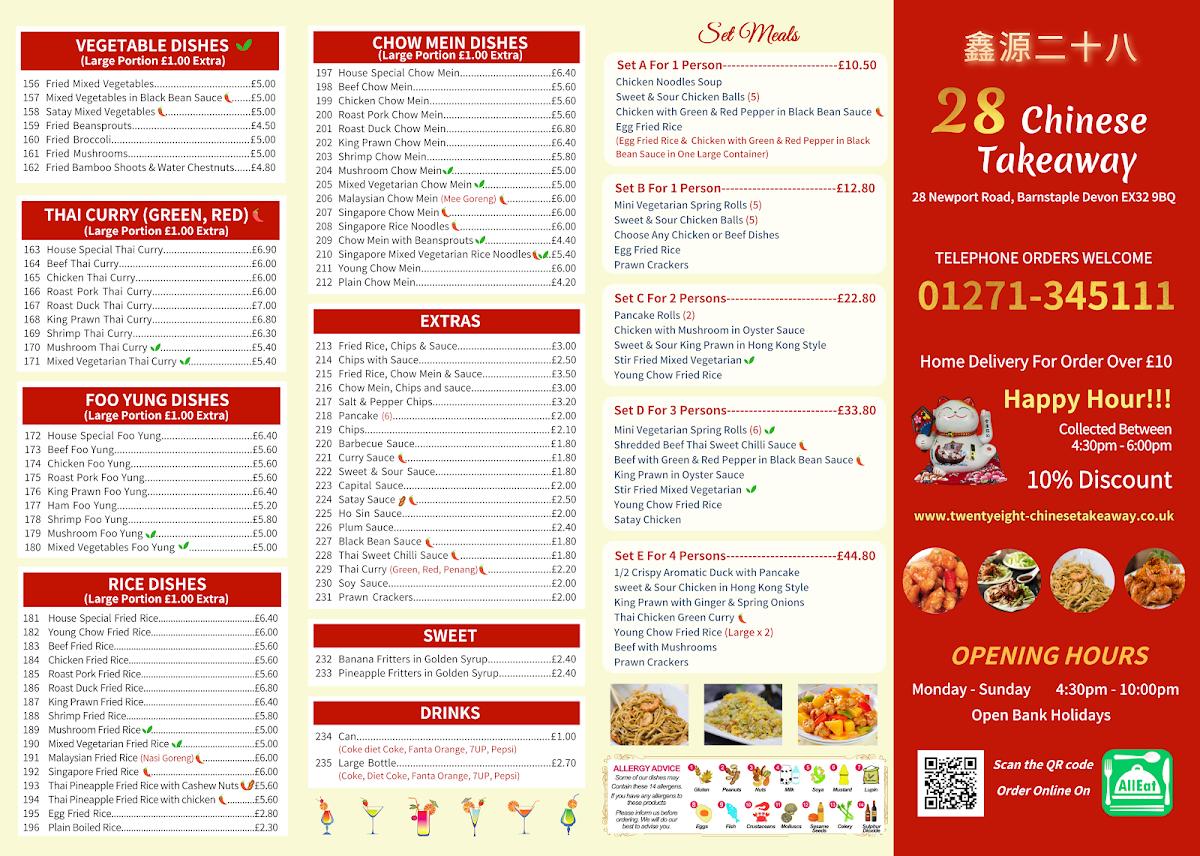 Menu at 28 Chinese Takeaway restaurant, Barnstaple