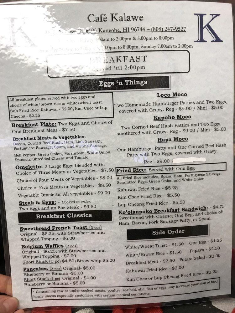 Menu at Café Kalawe restaurant, Kaneohe, 45-270 William Henry Rd