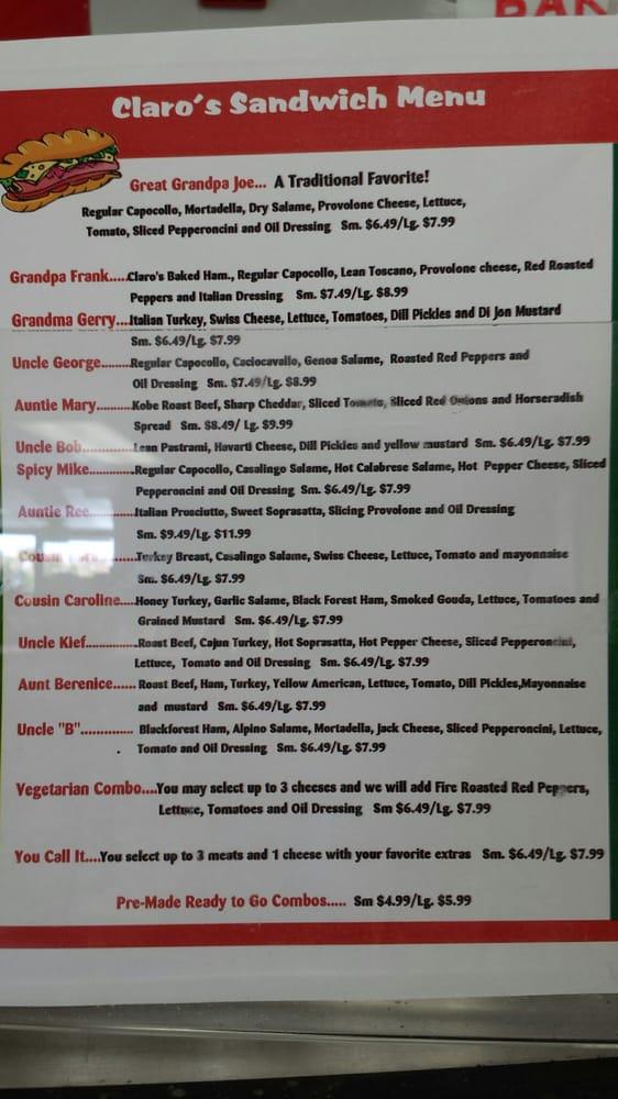 Menu at Claro's Italian Markets restaurant, Upland, N Mountain Ave