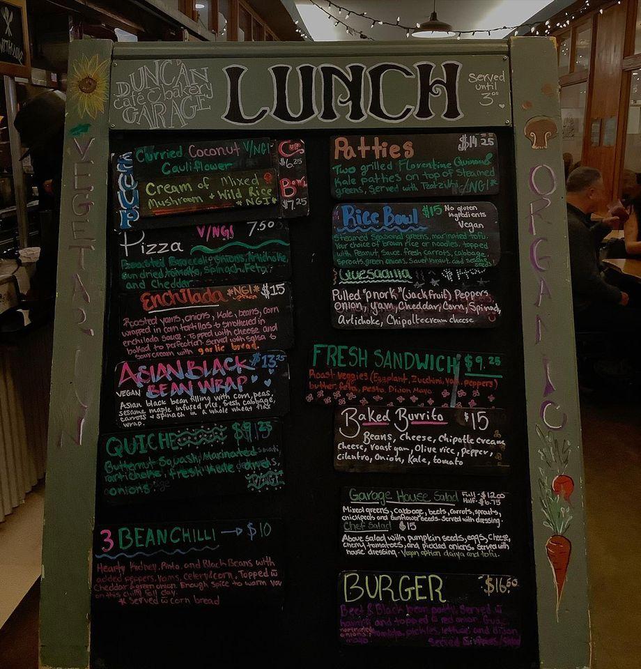 Menu at Duncan Garage Café & Bakery, Duncan
