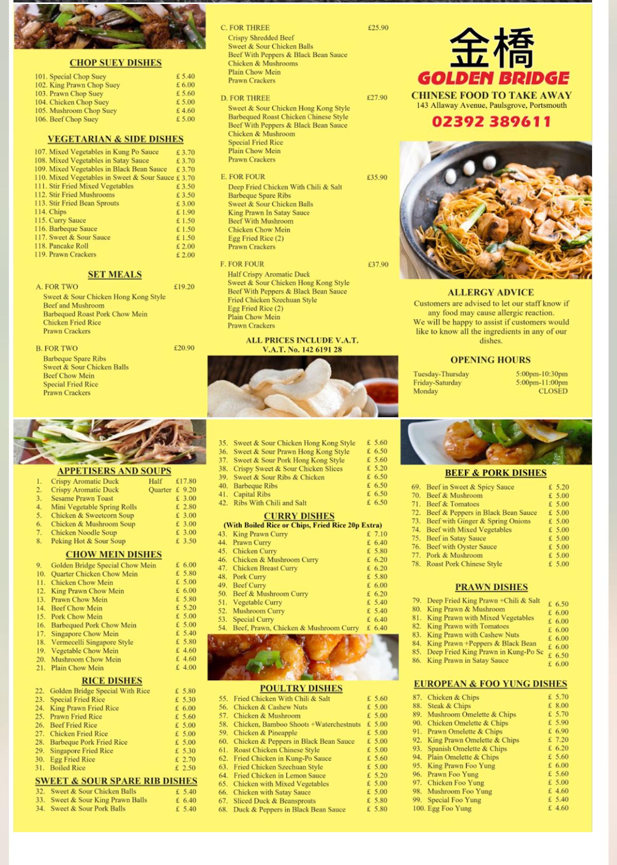 Menu at Golden Bridge fast food, Portsmouth, 143 Allaway Ave