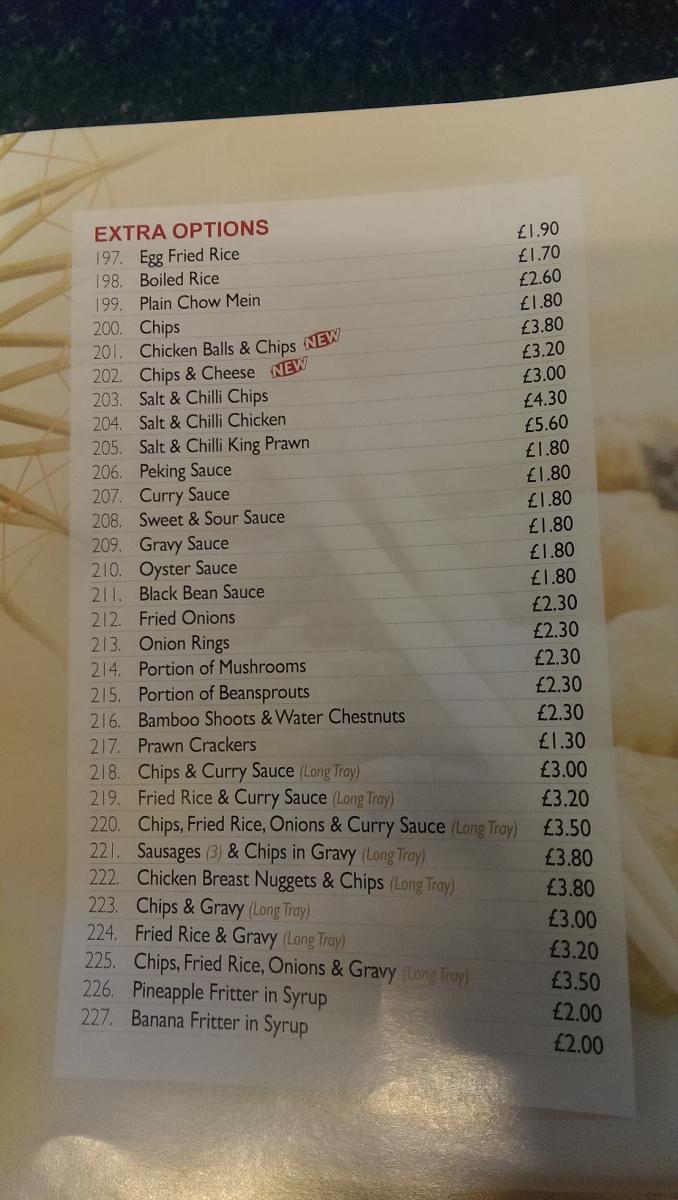 Menu at Hong Kong Carry Out fast food, Dunoon