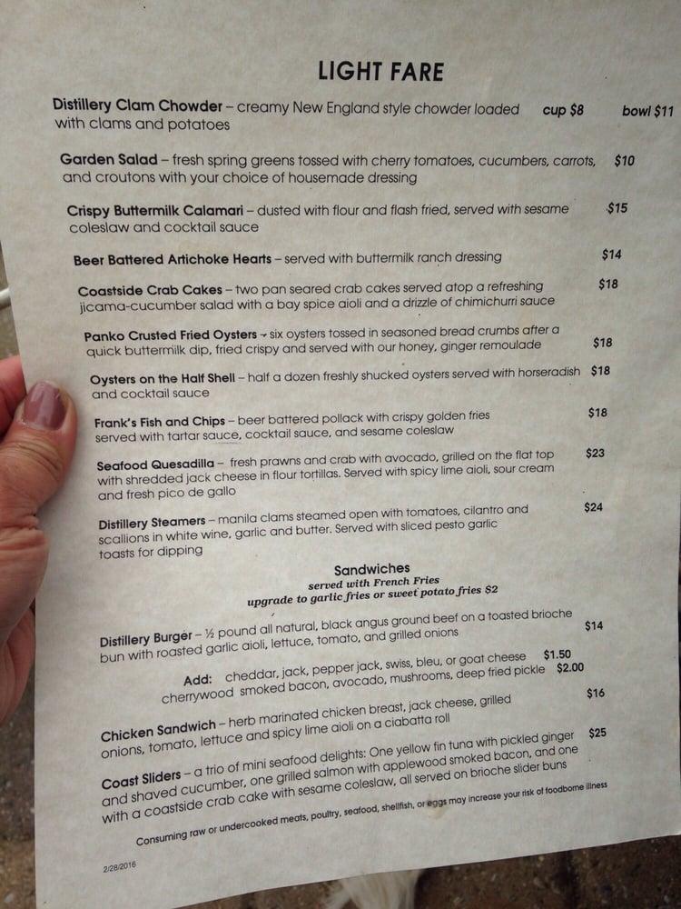 Menu at Moss Beach Distillery restaurant, Moss Beach