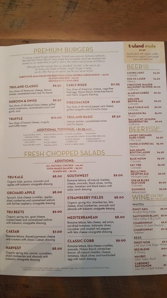 Menu at Truland Burgers & Greens Tucson pub & bar, Tucson