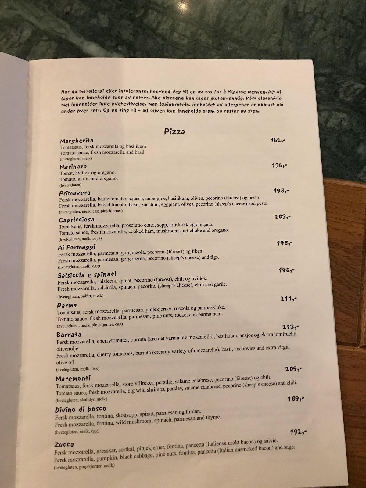 Menu at Villa Paradiso Munch Brygge restaurant, Oslo