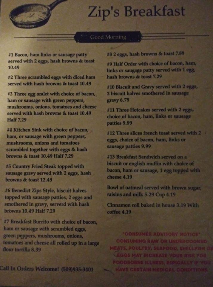 Menu at Zip's Drive In fast food, Chewelah