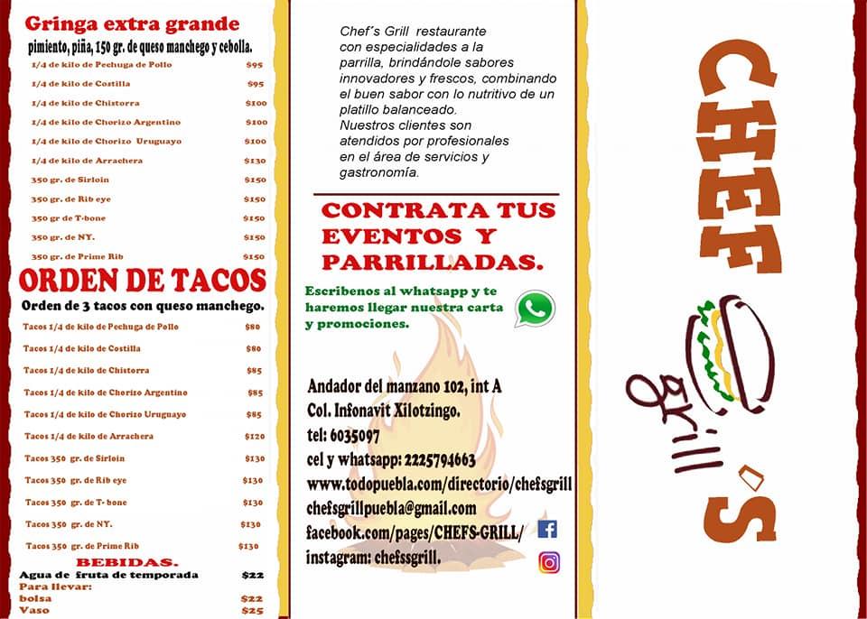 Menu at CHEF'S GRILL restaurant, Puebla City, Andador