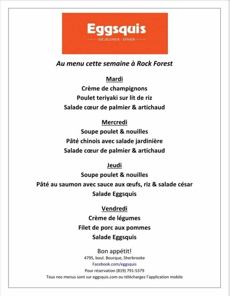 Menu au Eggsquis Rock-Forest restaurant, Sherbrooke, Boul Bourque