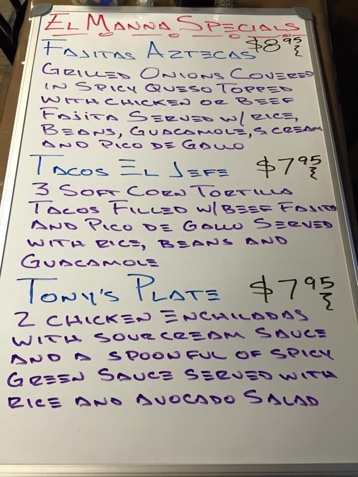 Menu at El Manna restaurant, Emory