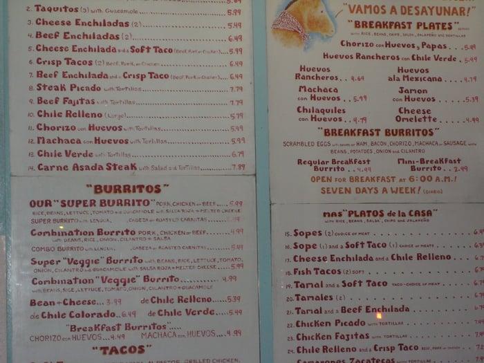 Menu at El Super Burrito restaurant, Pasadena