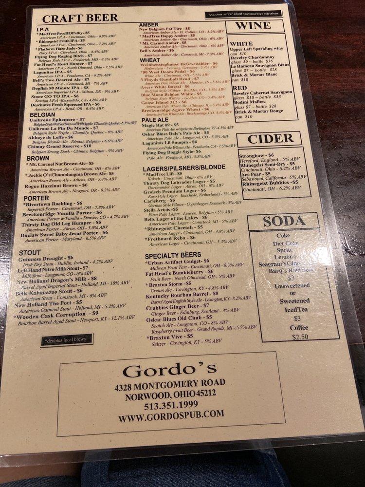 Menu at Gordo's Pub & Grill, Norwood
