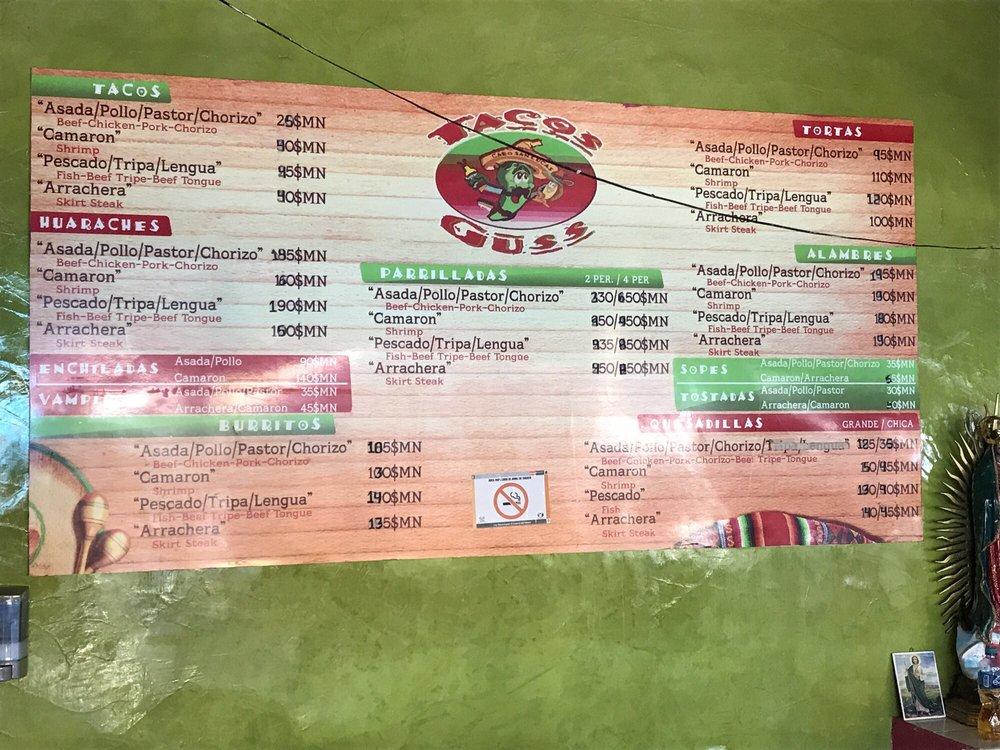Menu at Guss Tacos restaurant, Cabo San Lucas, Blvd Lazaro Cardenas ...