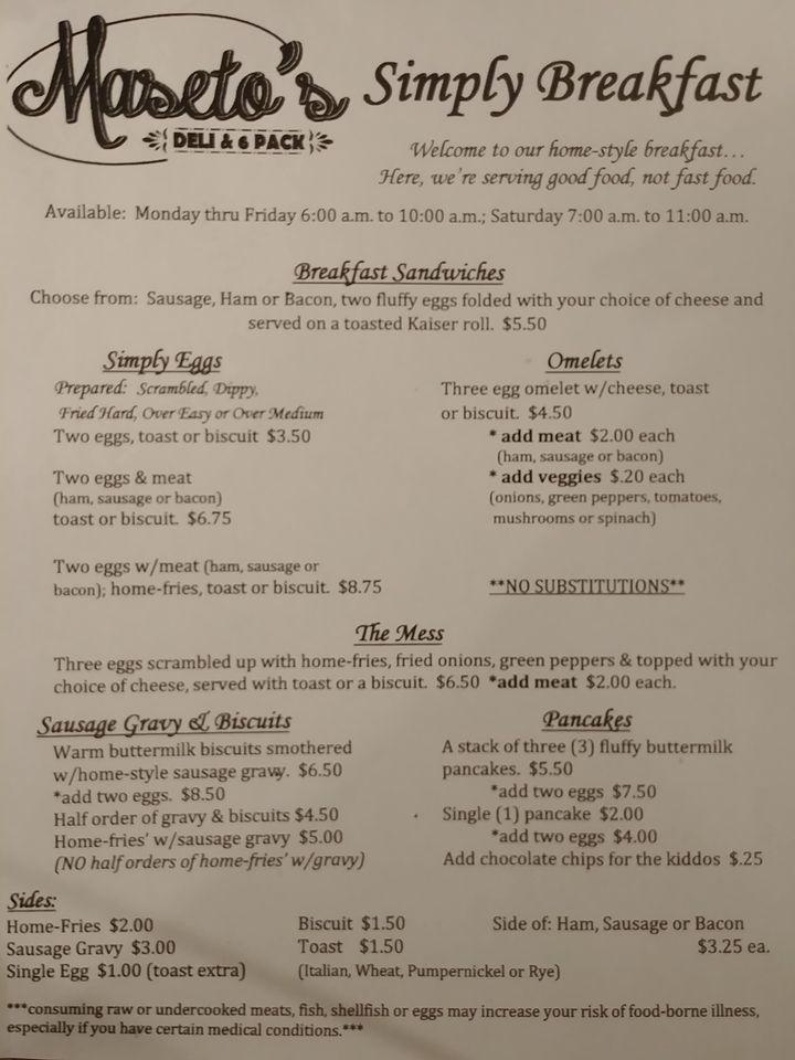 Menu at Maseto's restaurant, Williamsport, Kenwood Ave