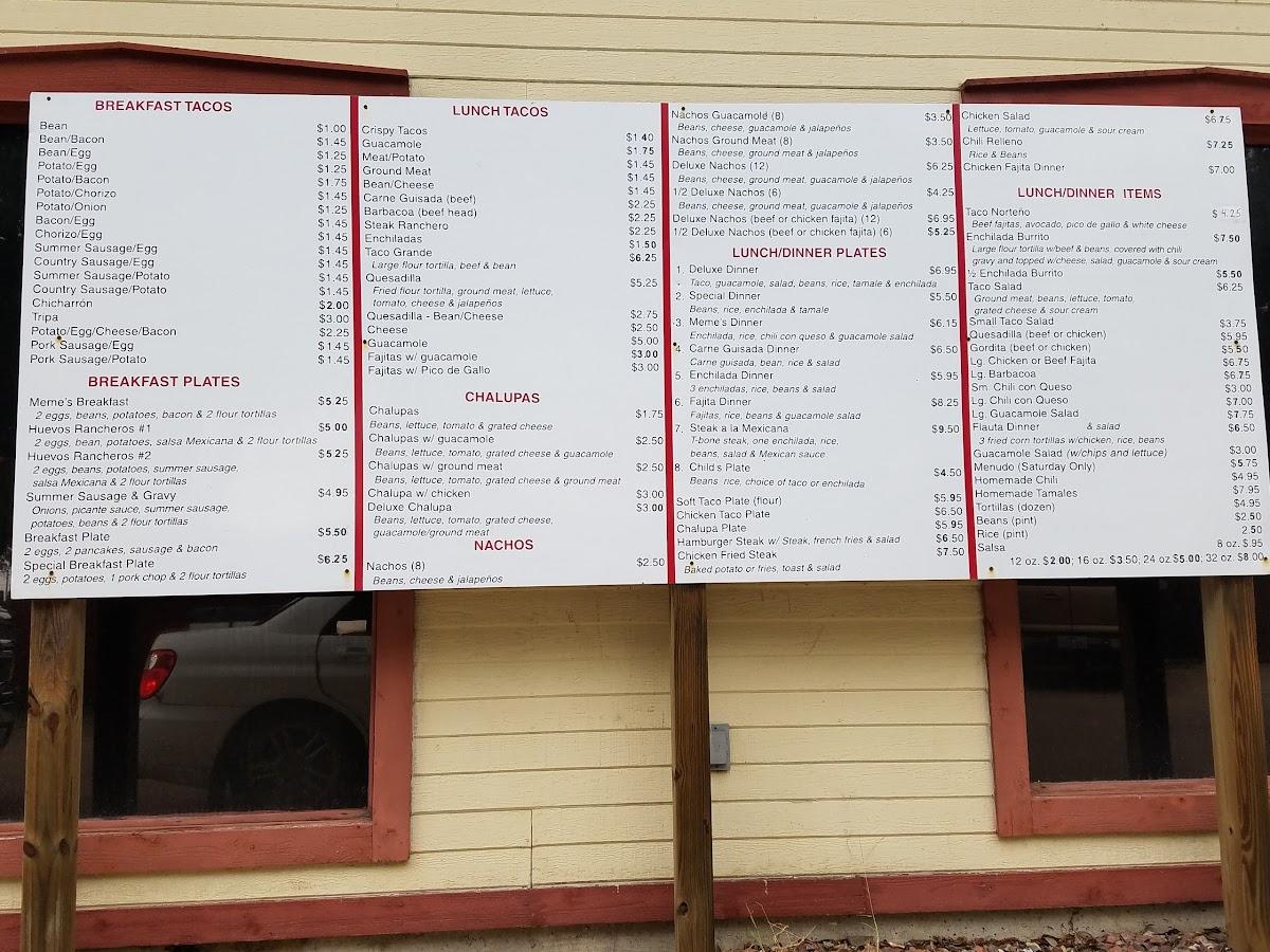 Menu at Meme's Mexican Restaurant, Luling