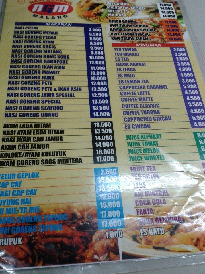 Menu at Nasi Goreng Malang restaurant, Malang, Jl. Bandung No.18 A