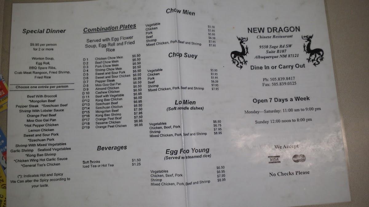 Menu at New Dragon restaurant, Albuquerque