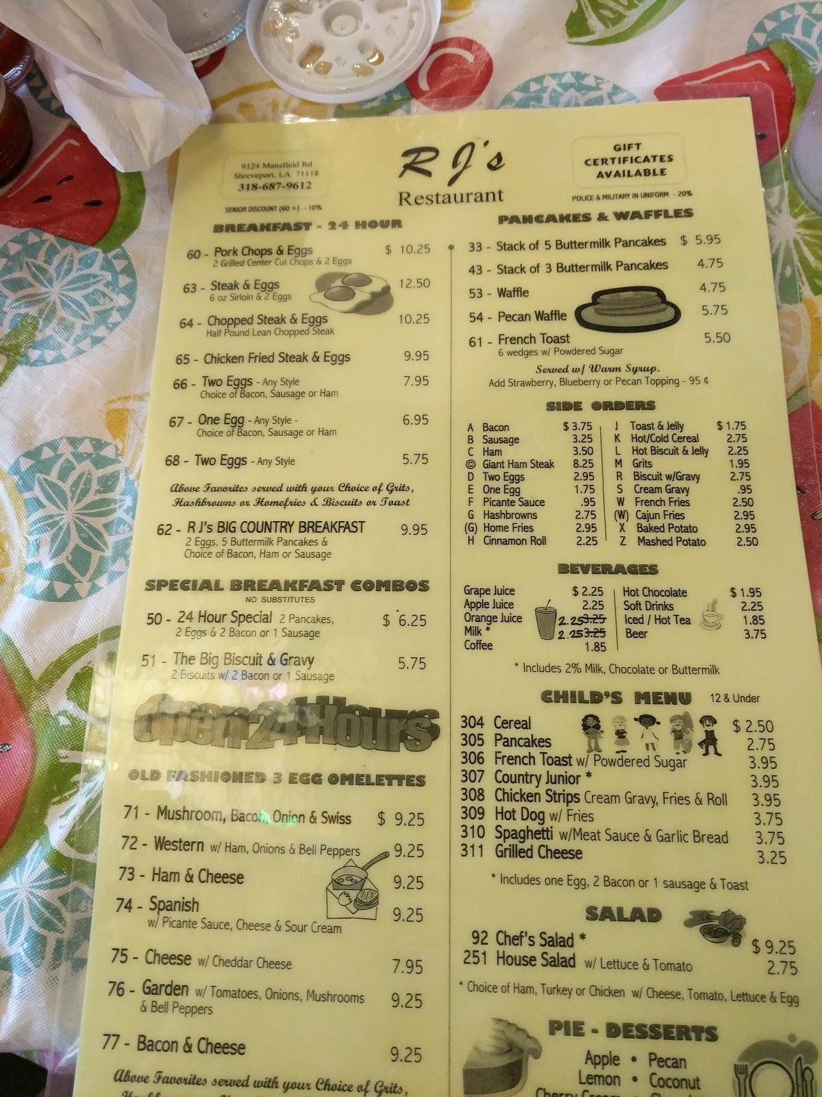 Menu at RJ's restaurant, Shreveport
