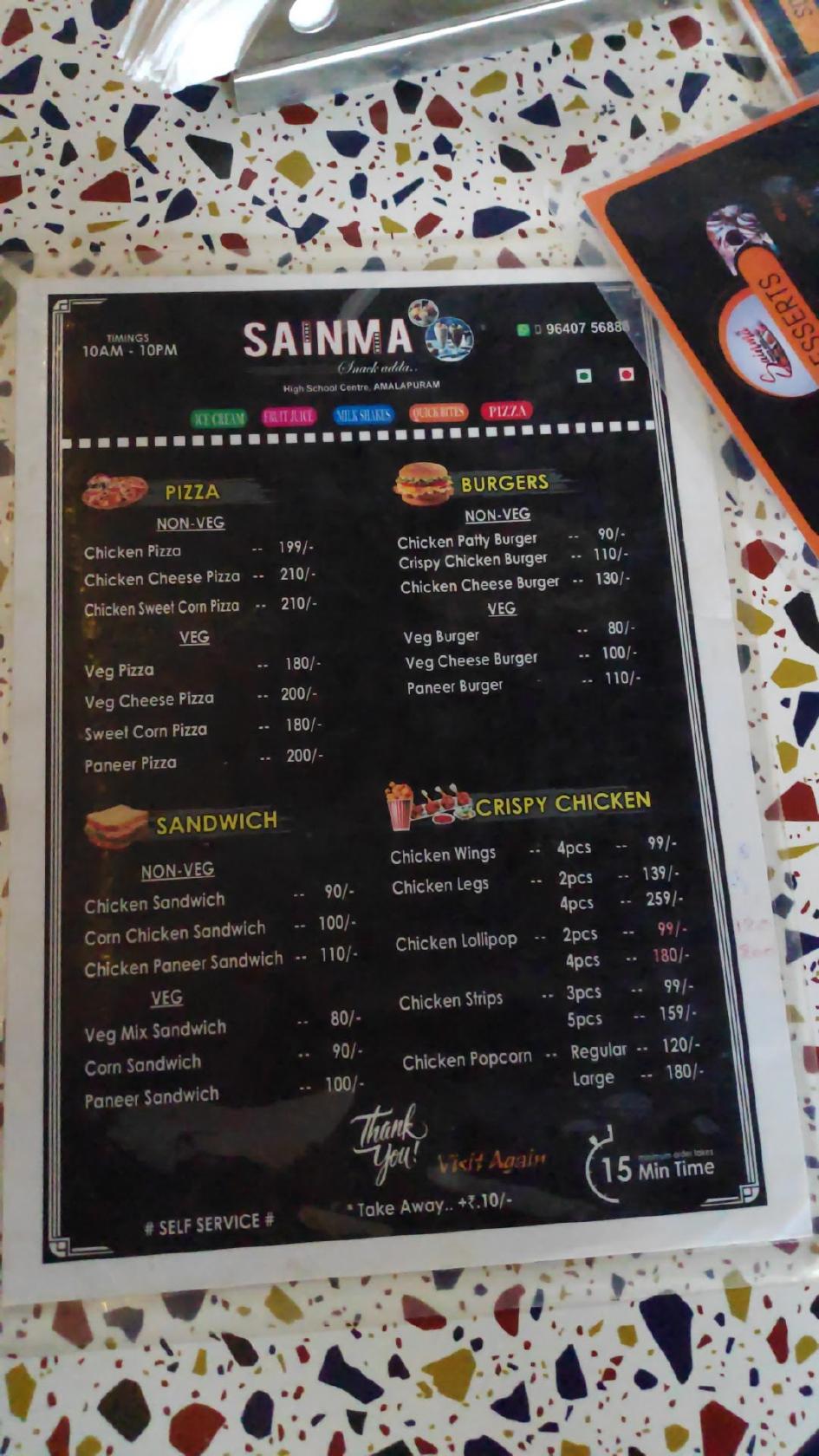 Menu at Sainma Snack Adda, Amalapuram