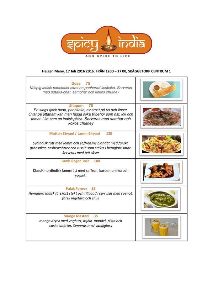 Menu at Spicy India restaurant, Linköping