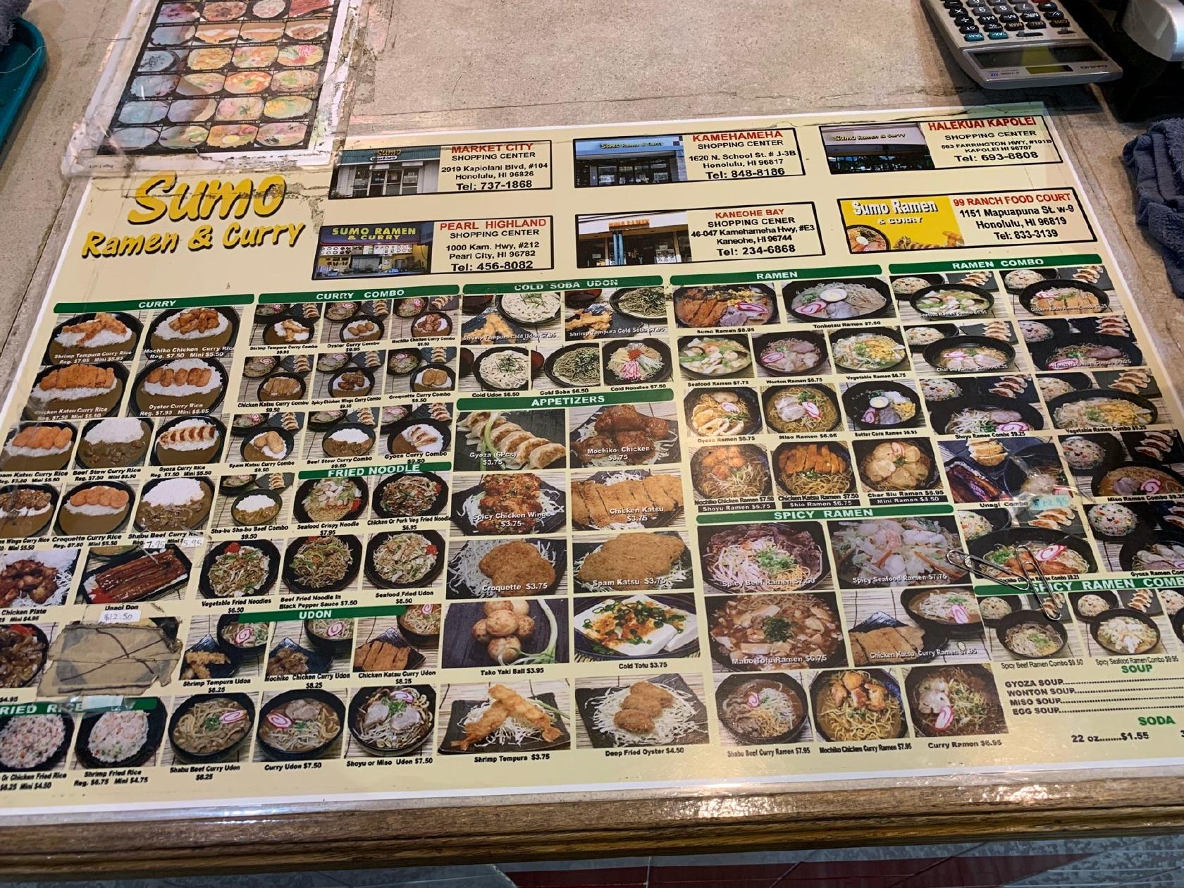 Menu at Sumo Ramen restaurant, Honolulu, Mapunapuna St