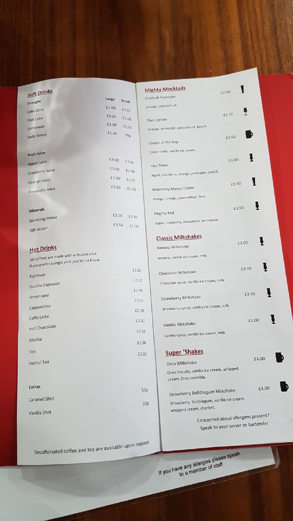 Menu at The Boot Room Sports Cafe, Liverpool