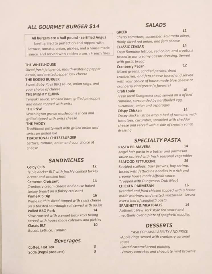 Menu at Wheelhouse Restaurant, Grayland