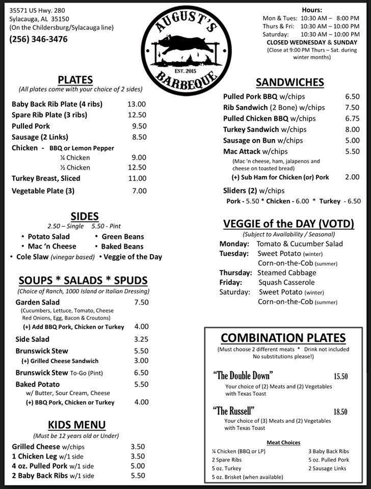 Menu at Bandits Bar & Grill, LLC, Sylacauga