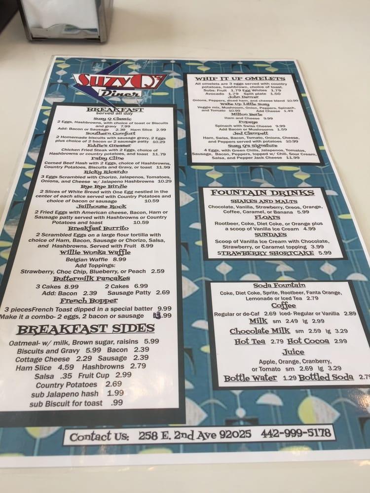Menu at Suzy Q's Diner cafe, Escondido