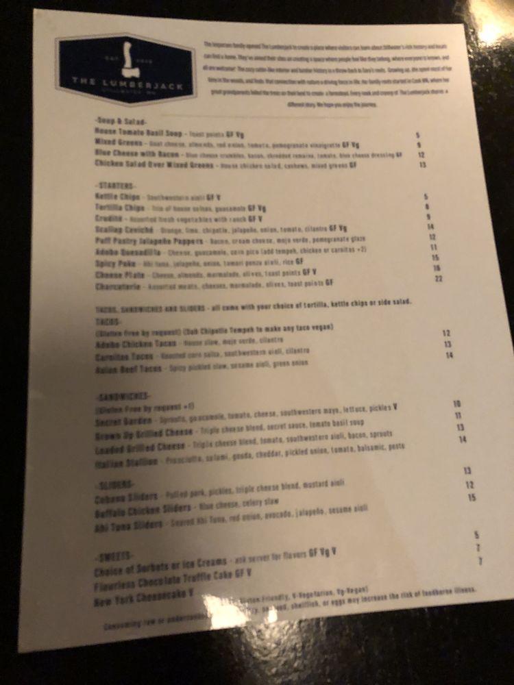 Menu at The Lumberjack pub & bar, Stillwater
