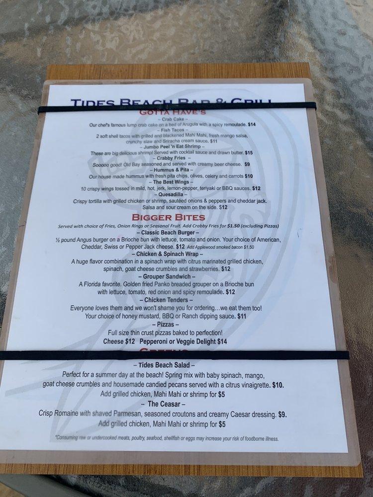 Menu at Tides Beach Bar and Grille, Jacksonville Beach
