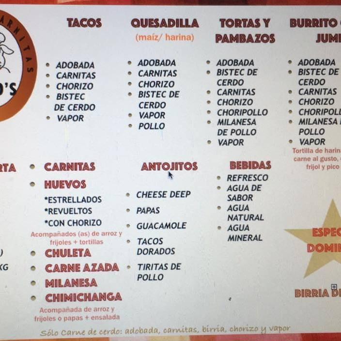 Menu at Toños restaurant, Manuel Doblado