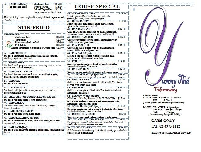 Menu at Yummy Thai at Morisset fast food, Morisset