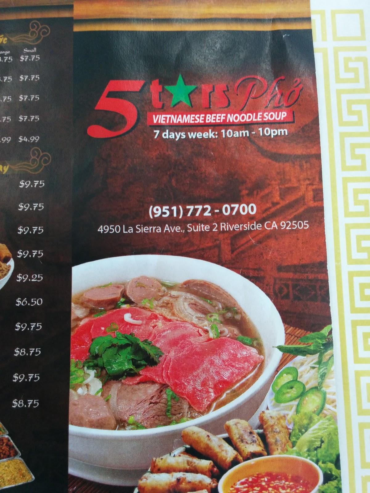 Menu at 5 Stars Pho Restaurant, Riverside