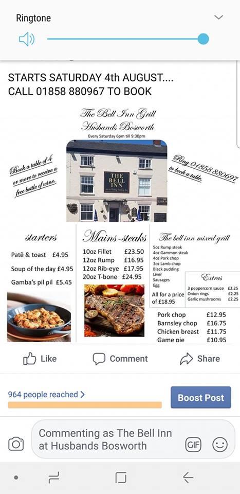 Menu at The Bell Inn pub & bar, Husbands Bosworth
