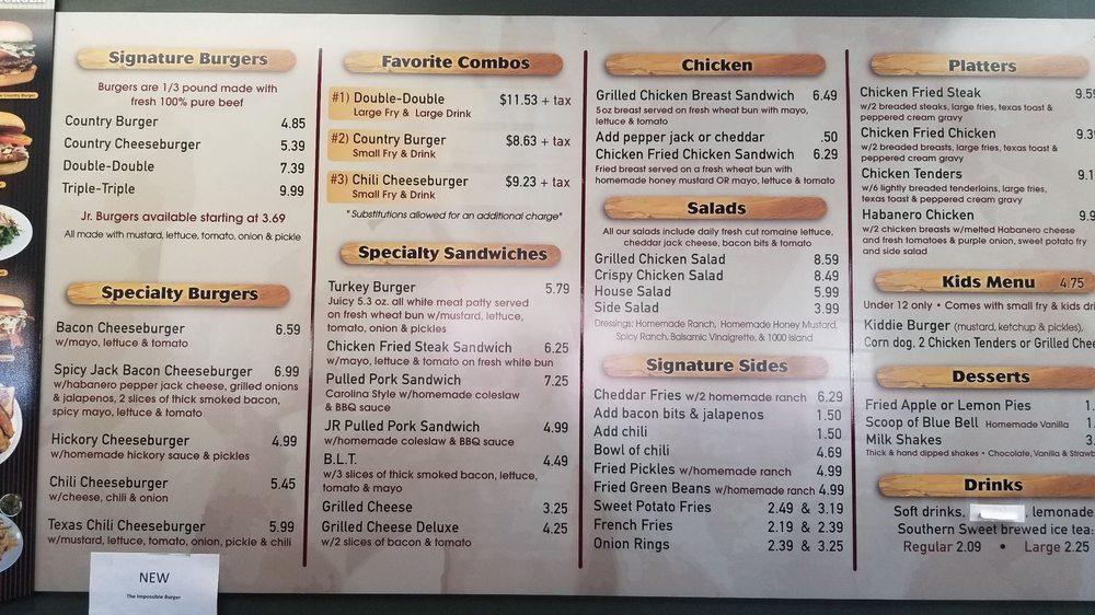 Menu at Country Burger restaurant, Plano, 14th St