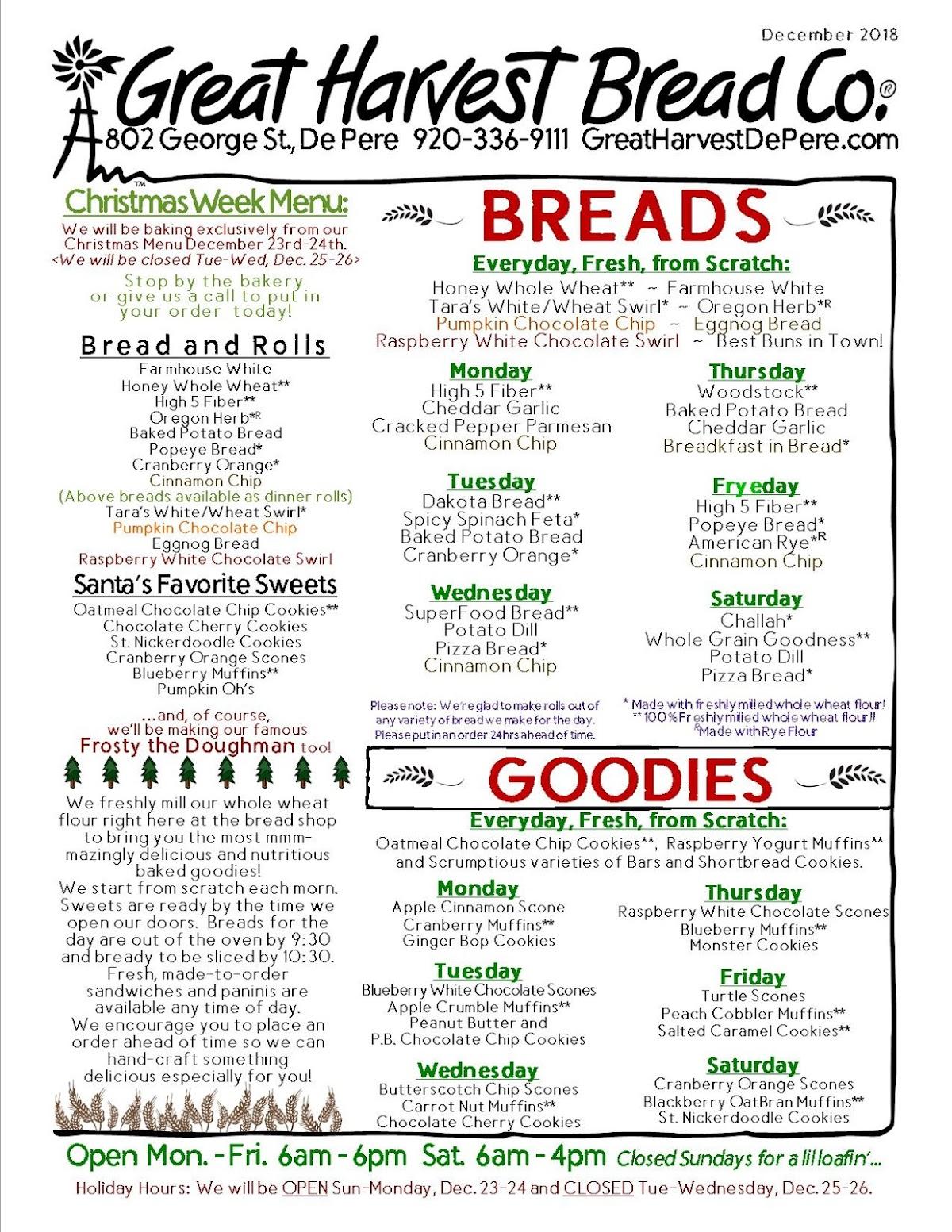 Menu at Great Harvest Bread Co. cafe, De Pere