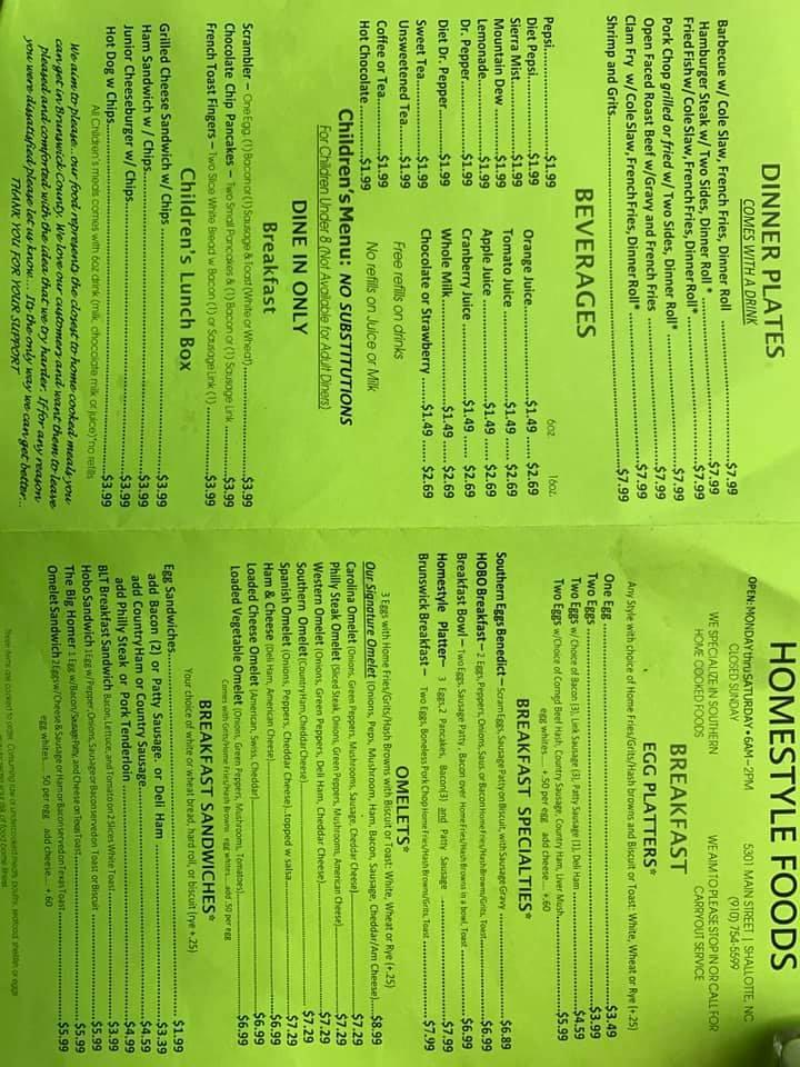 Menu at Homestyle Foods restaurant, Shallotte, Main St