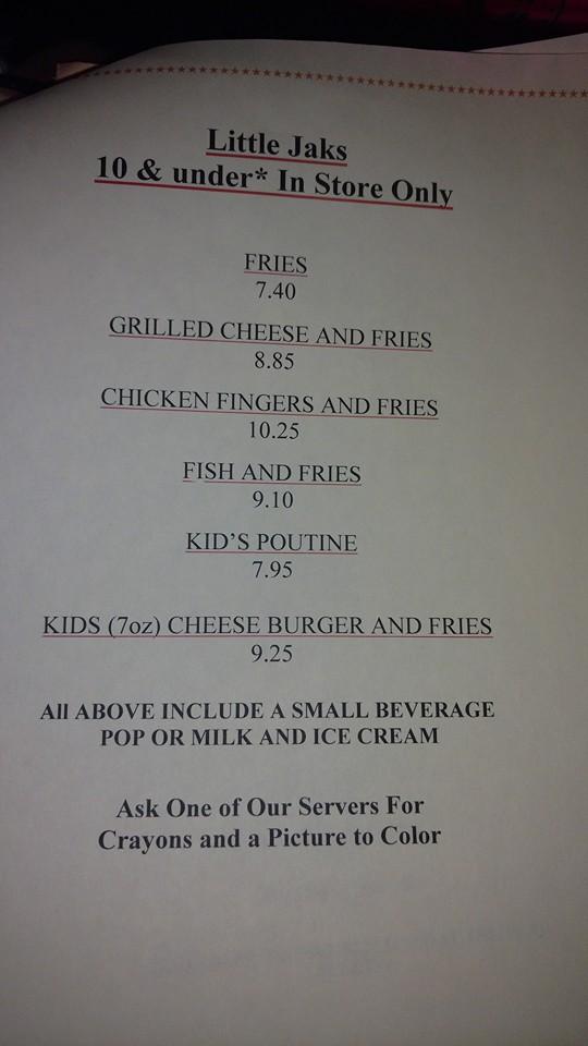 Menu at Jak's Diner restaurant, Sudbury