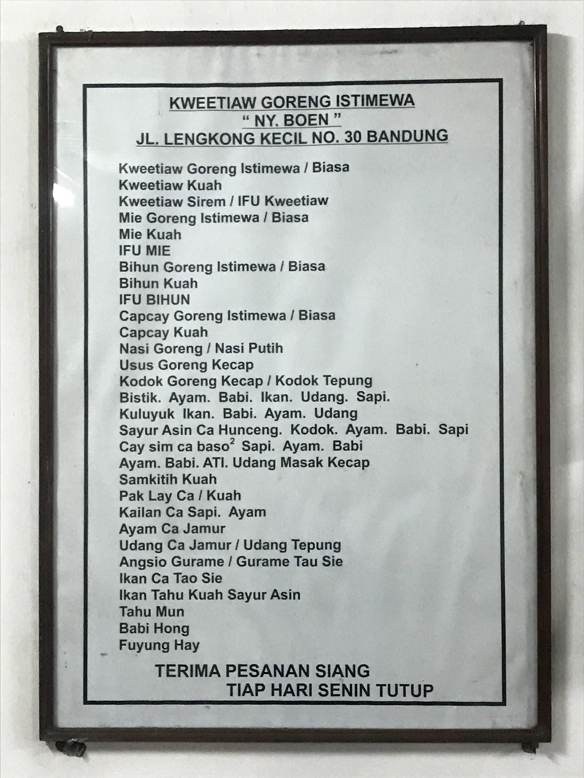 Menu at Kwetiaw Goreng Istimewa Ny. Boen restaurant, Bandung