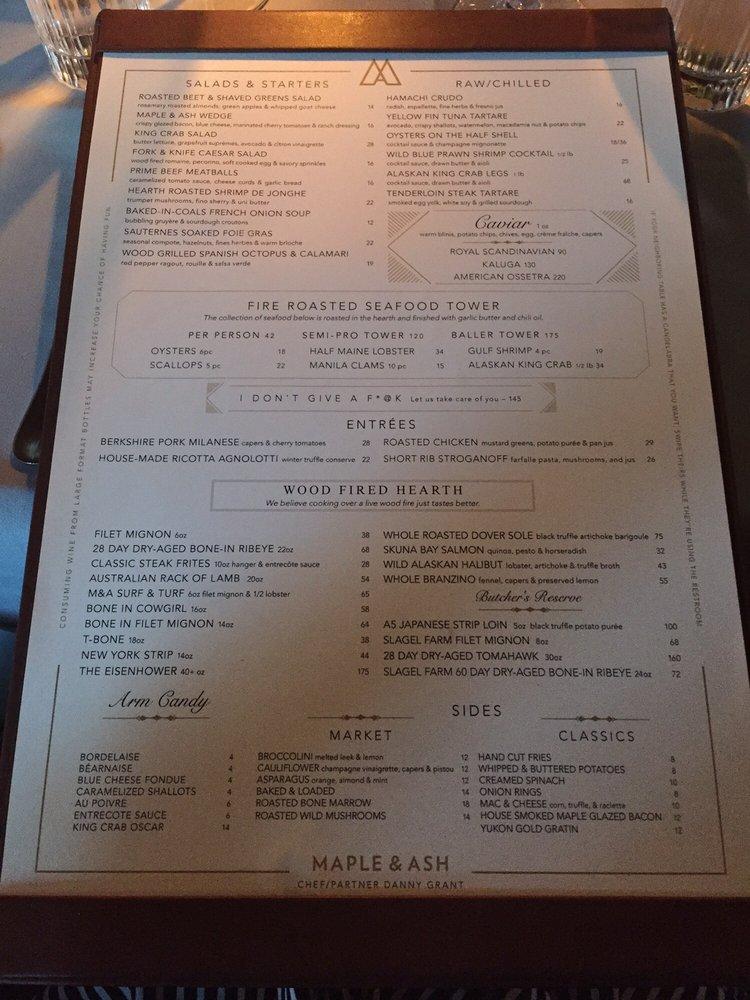 Menu at Maple & Ash steakhouse, Chicago