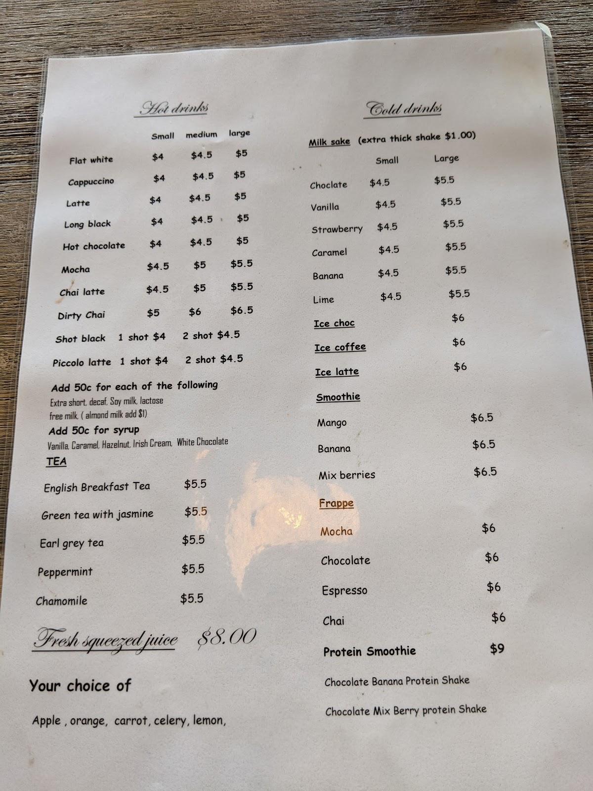 Menu at Moker Bean Cafe, Googong