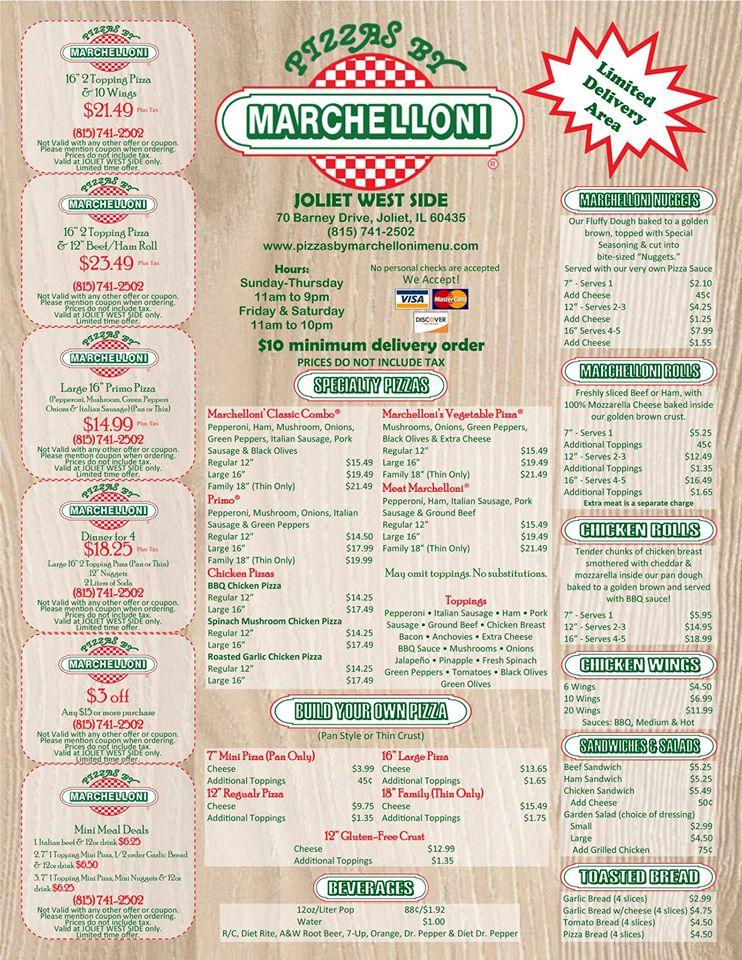 Menu at PIZZAS BY MARCHELLONI pizzeria, Joliet, 70 Barney Dr