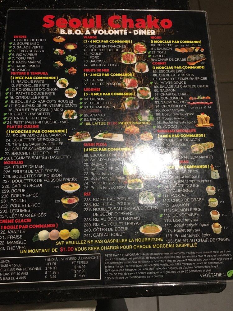 Carta del restaurante Seoul Chako, Montréal