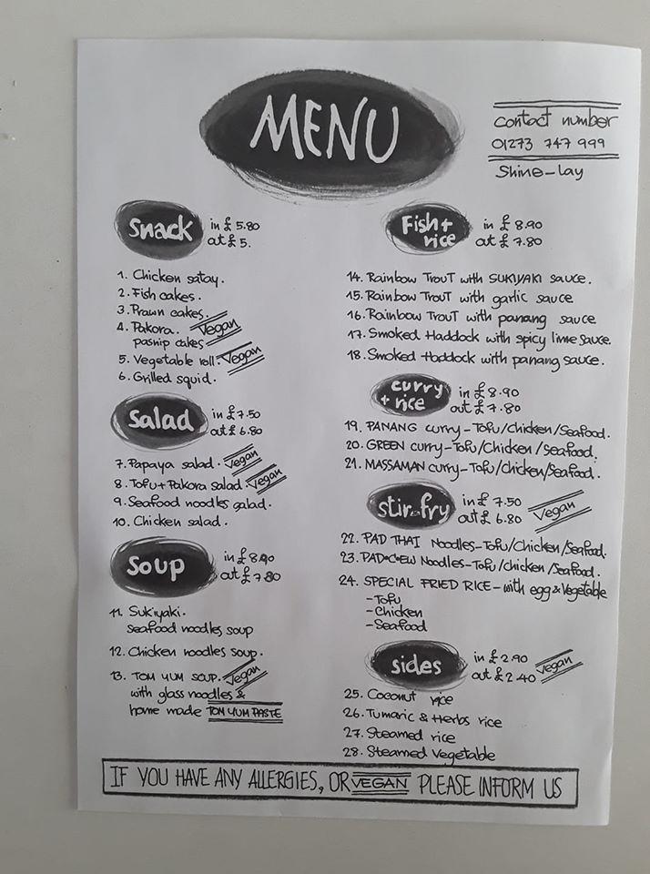 Menu at Shine-Lay Thai Kitchen restaurant, Hove