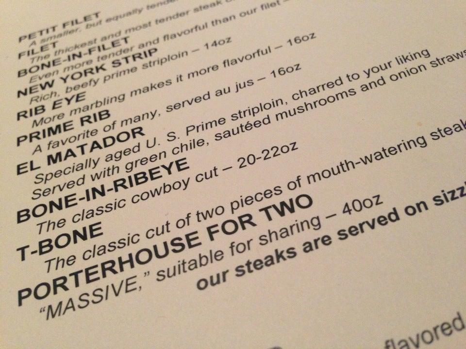 Menu at The Bull Ring steakhouse, Santa Fe, 150 Washington Ave #108