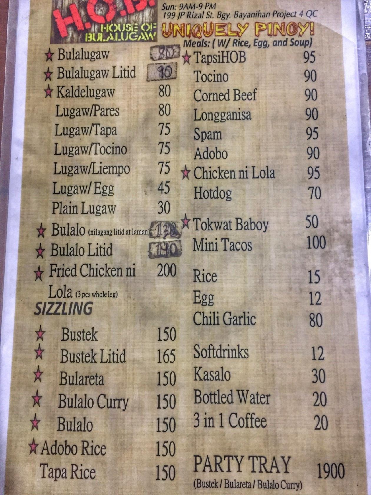 Menu at The House of Bulalugaw (H.O.B.) restaurant, Quezon City, J39C+6HX